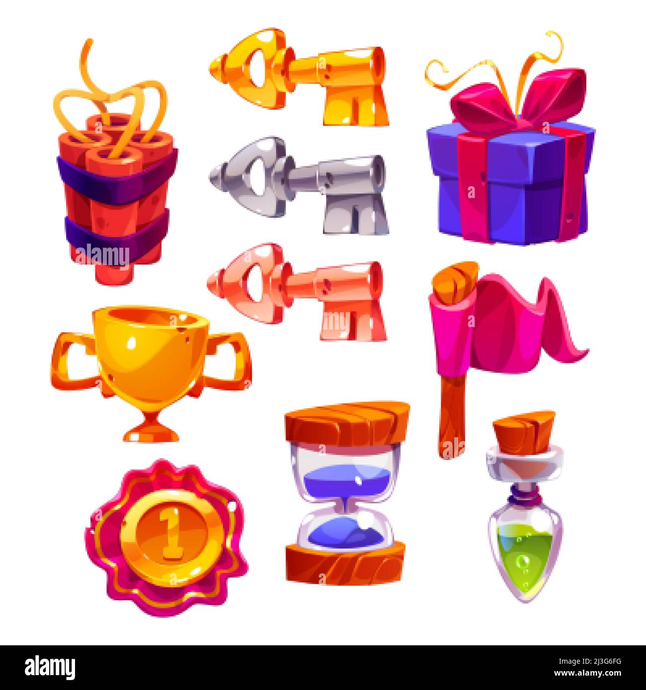 Game icons with keys, dynamite, gift box, flag, gold goblet and award ...