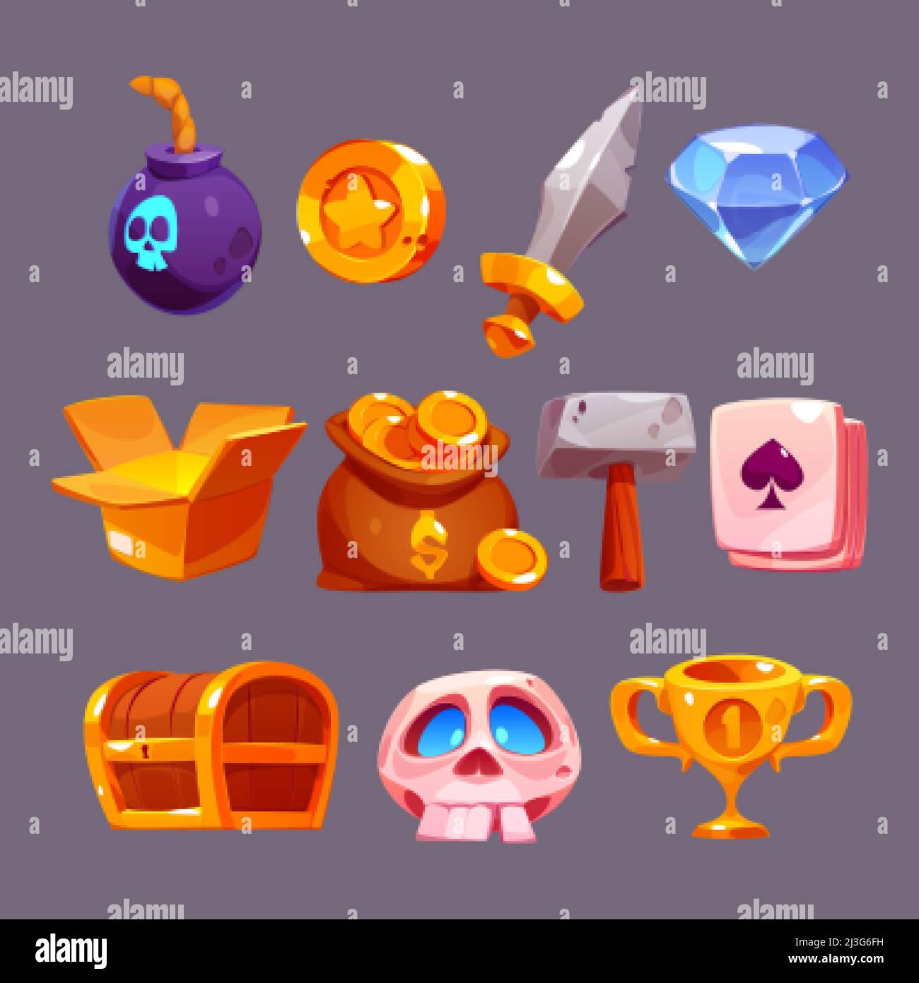 Game icons with bomb, sword, gold cup, skull and coins in bag. Vector ...