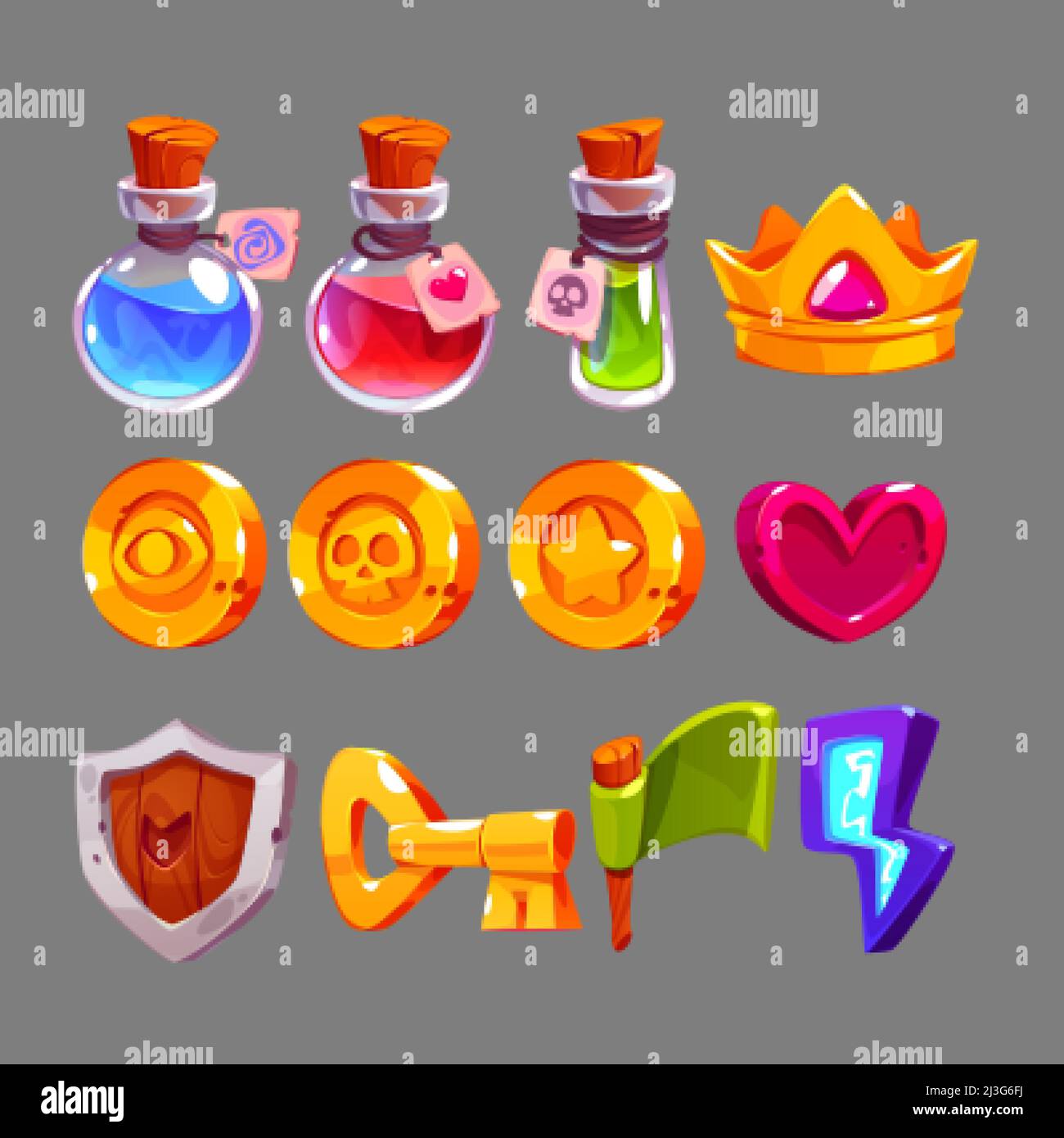 Game icons with potions, gold crown, heart, lightning, coins and key ...