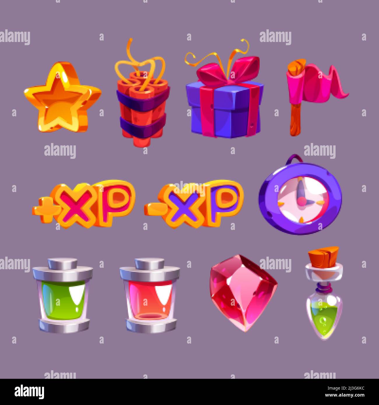 Game icons, cartoon gold star, dynamite, gift box and red flag, xp ...
