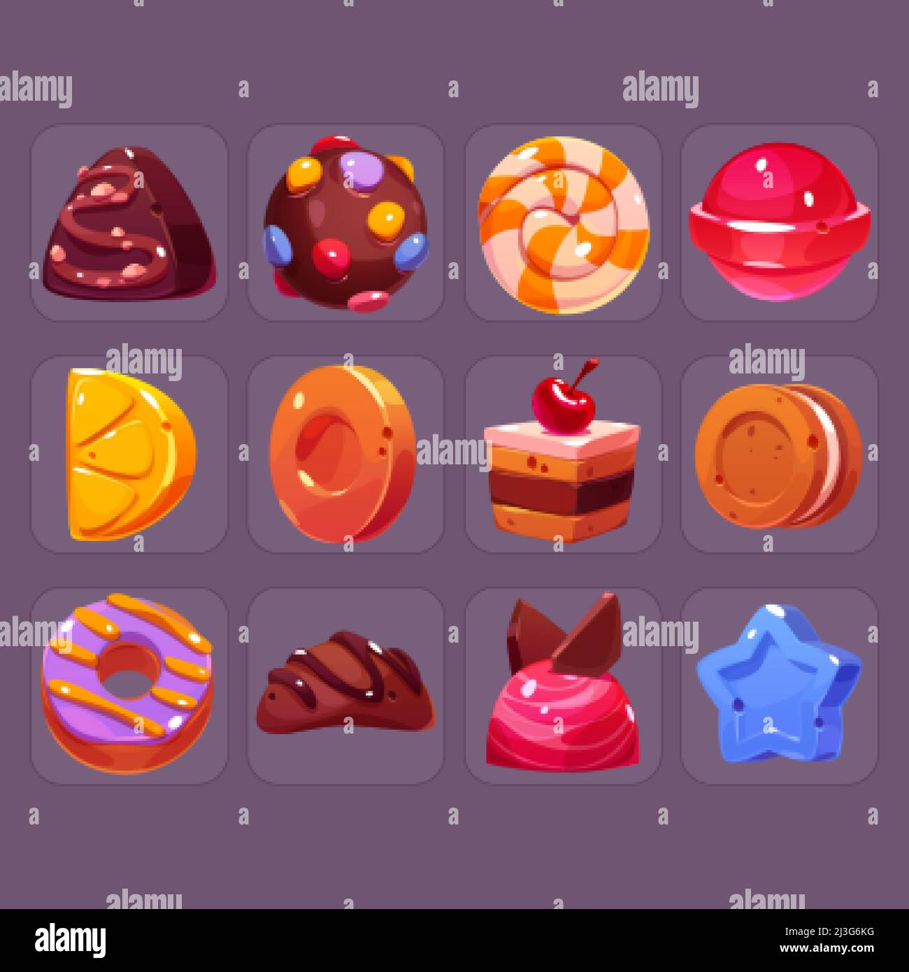 Candy game icons cartoon vector set. Sweets praline, striped round ...