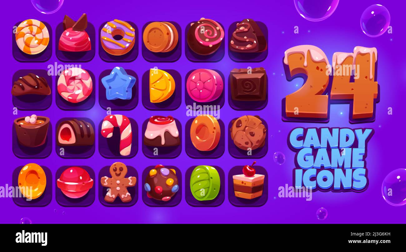 Candy game icons big set, cartoon vector sweets ui elements. Caramel ...