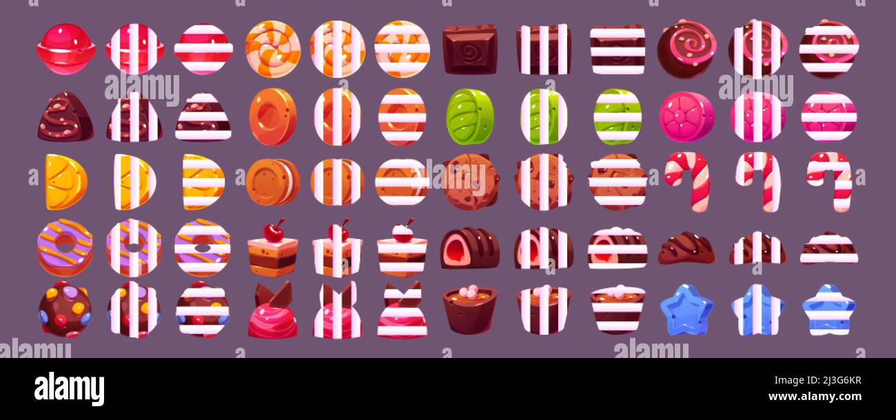 Game icons of chocolate and hard sugar candies, lollipop, fruit drops ...