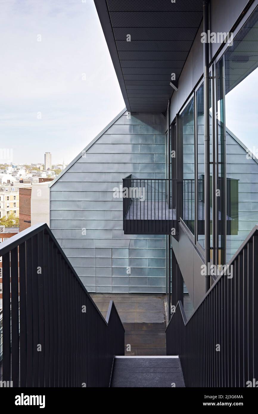 Detail of cladding, balcony and stairway. 66 Shoe Lane, London, United ...