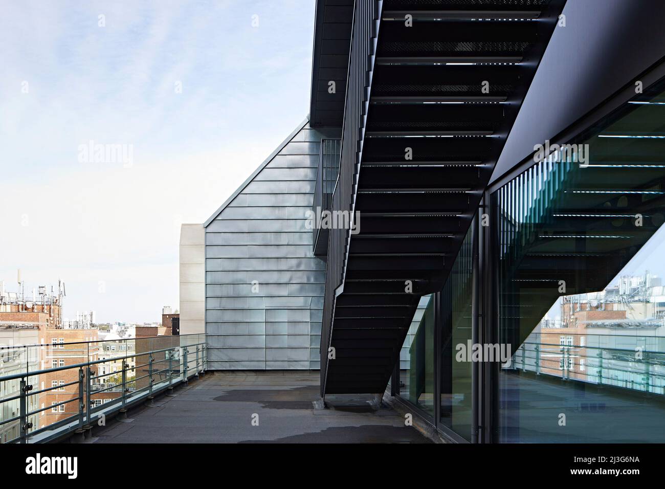 Detail of cladding, balcony and stairway. 66 Shoe Lane, London, United ...