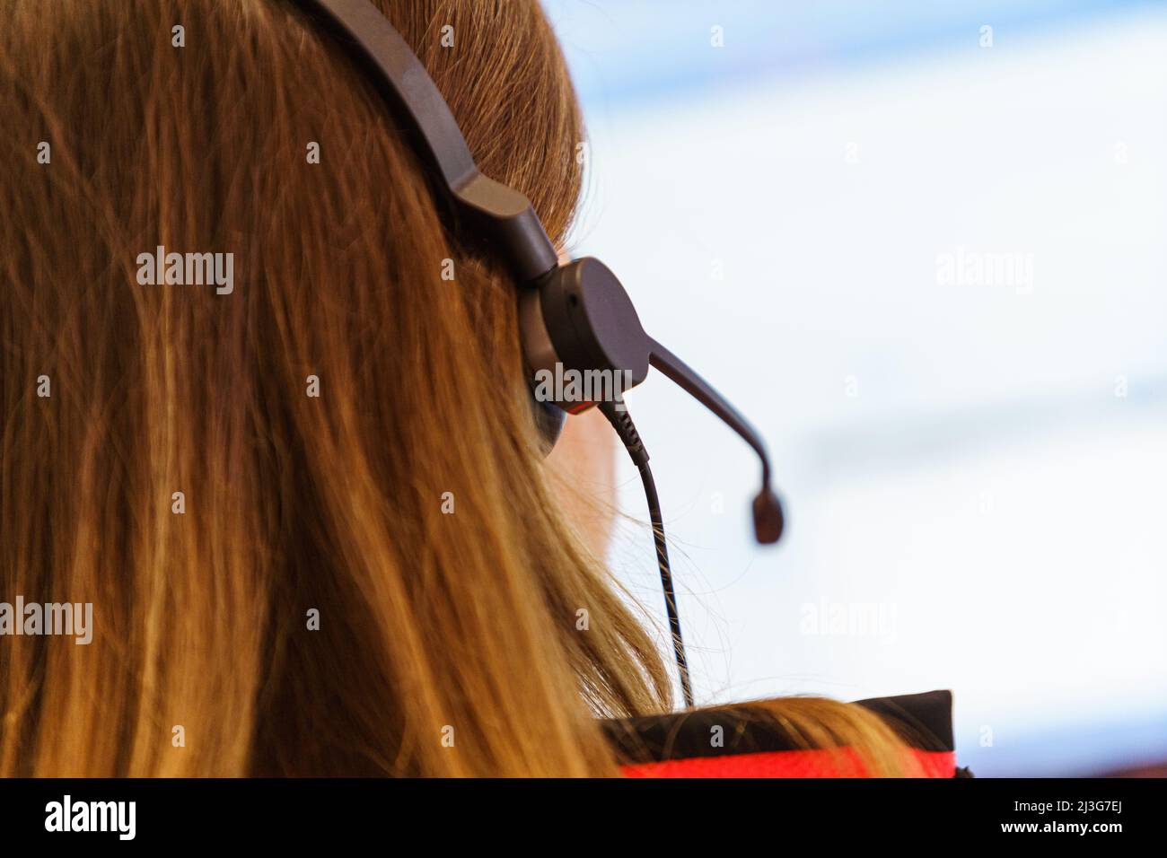 Call center Customer support. Woman talking with clients. Close up shot ...