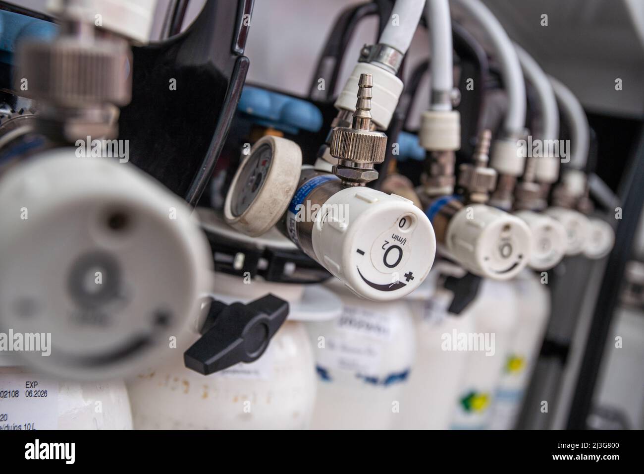 Medical oxygen cylinders. Close up shot of oxygen breathing cylinder ...