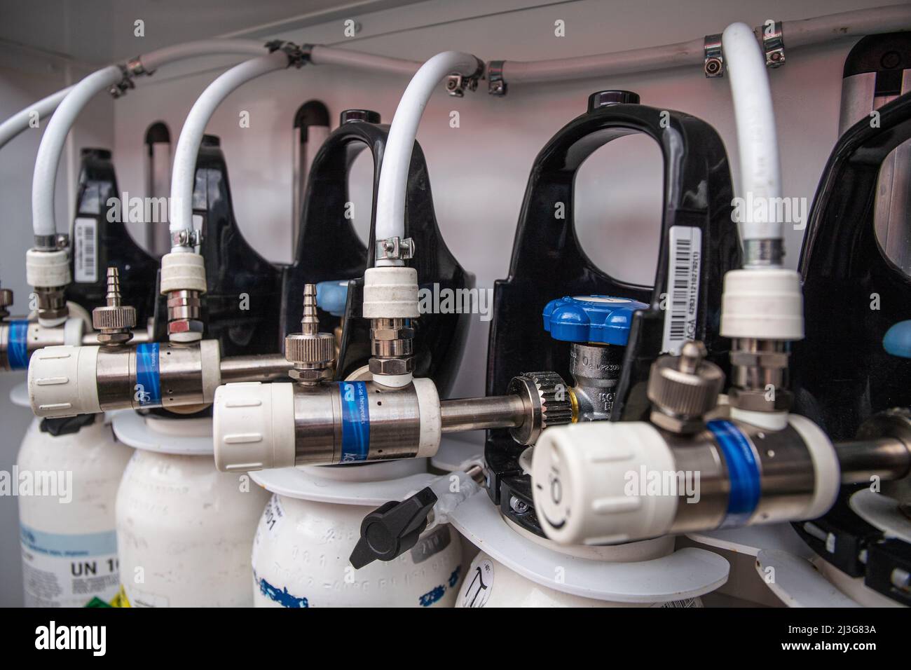 Medical oxygen cylinders. Close up shot of oxygen breathing cylinder ...