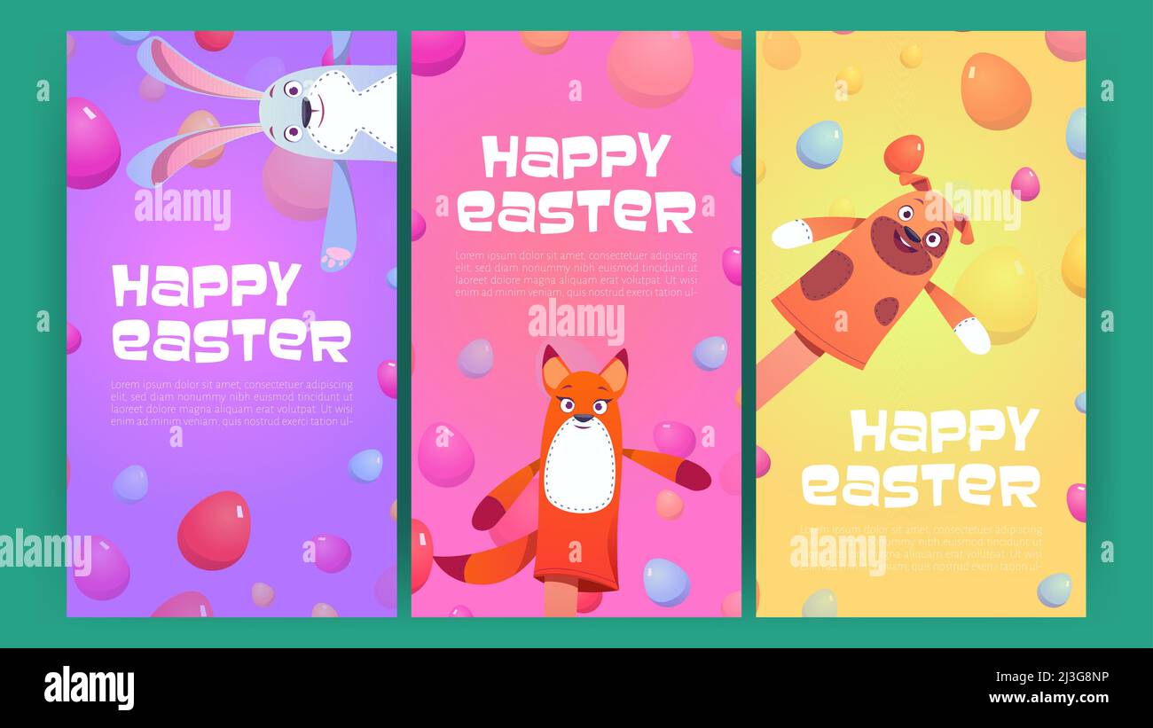 Happy Easter banners with eggs and cute puppets. Vector vertical ...