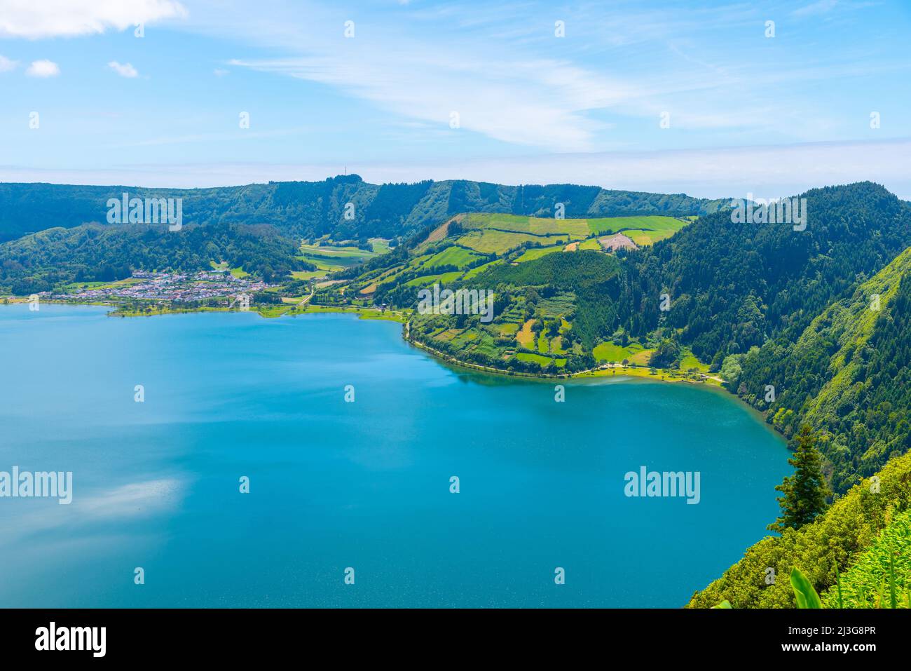 Aerial view of caldera of Sete Cidades at Sao Miguel island of the ...