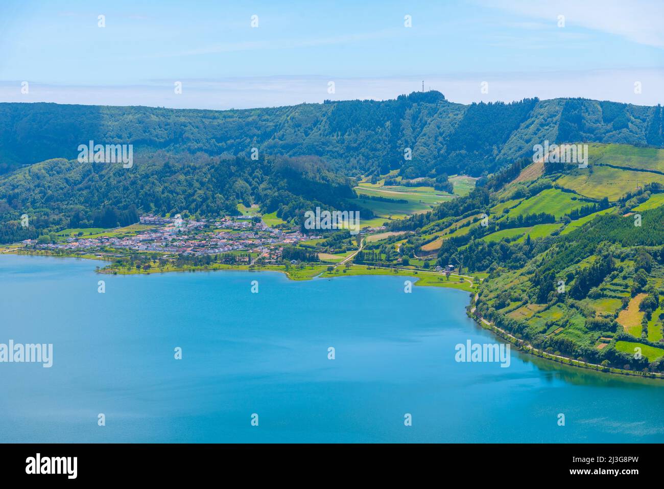Aerial view of caldera of Sete Cidades at Sao Miguel island of the ...
