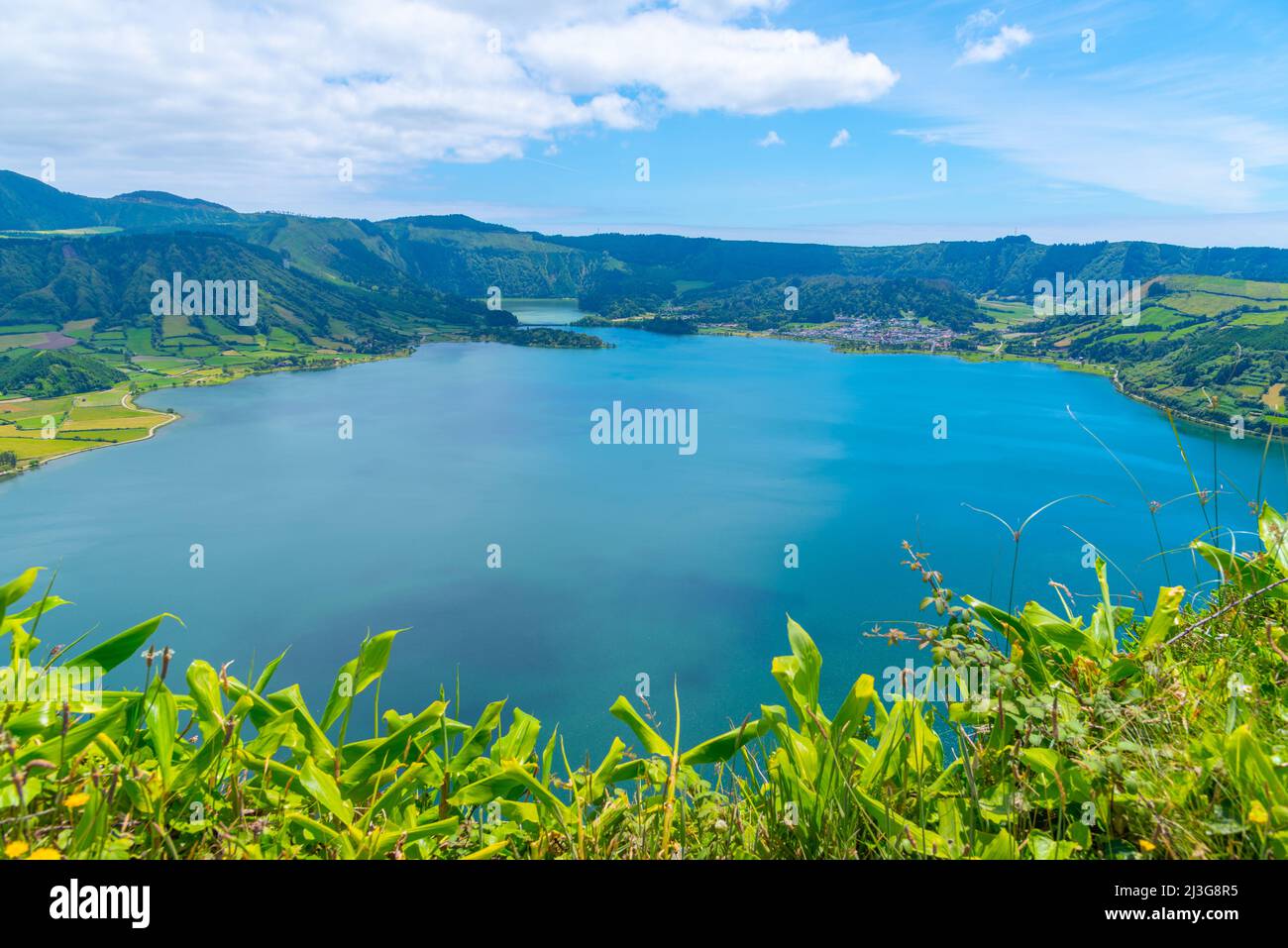 Aerial view of caldera of Sete Cidades at Sao Miguel island of the ...