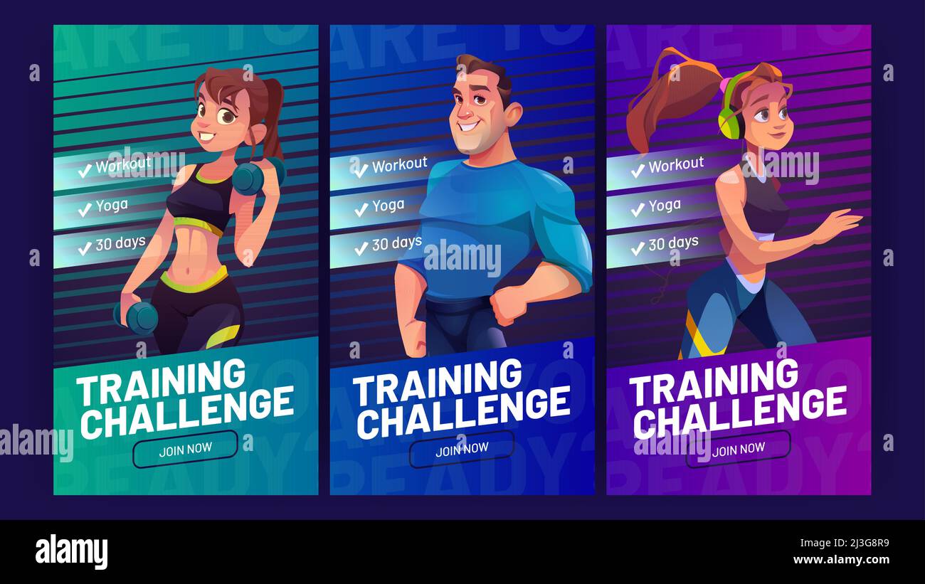 Training challenge vector web banners with cartoon sport characters ...