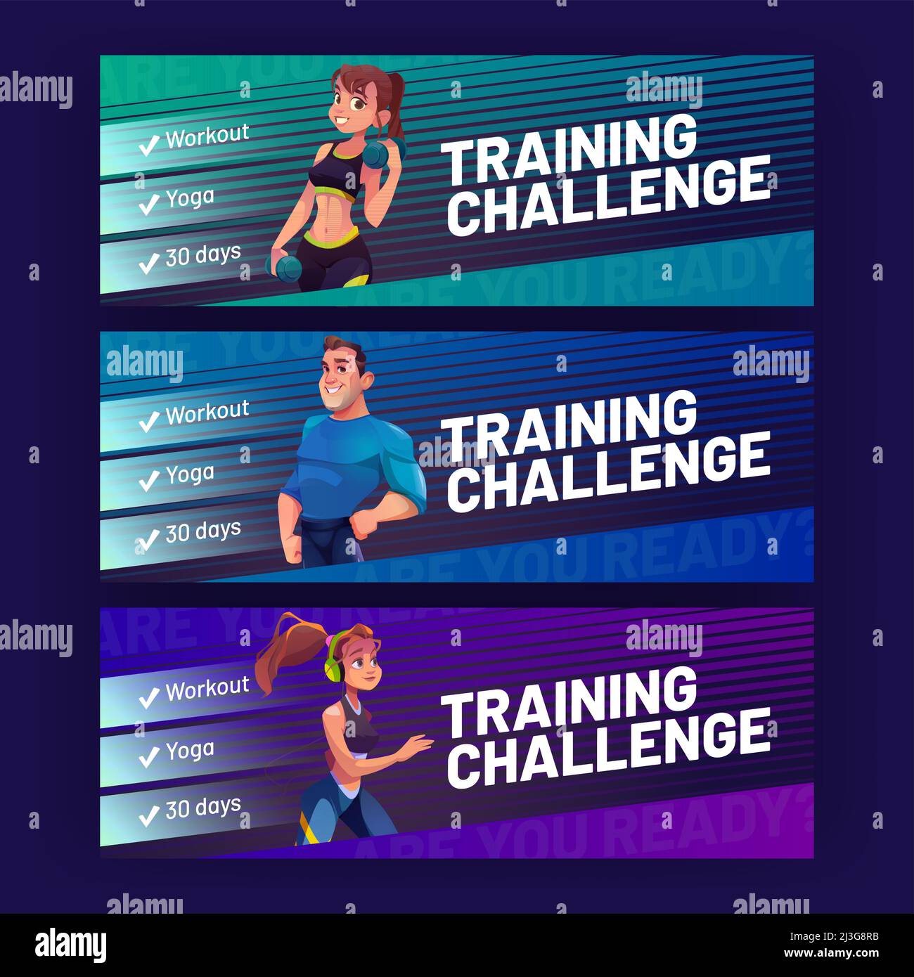 Training challenge posters with people in sportswear. Vector horizontal ...