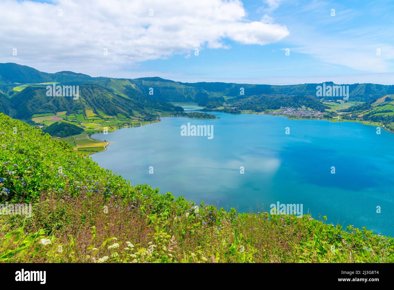 Aerial view of caldera of Sete Cidades at Sao Miguel island of the ...