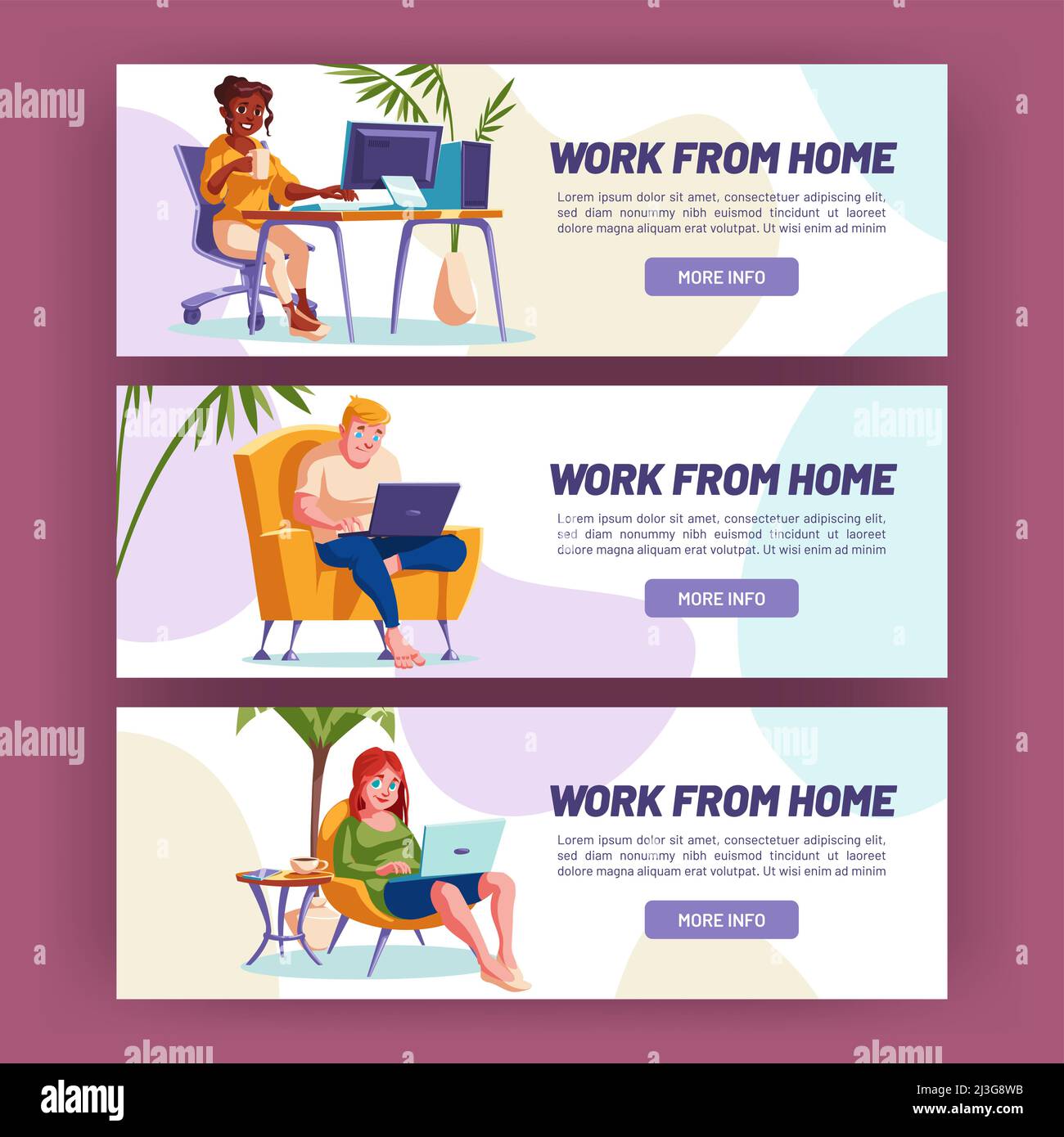 Work from home banners with people sitting in cozy chair with laptop ...