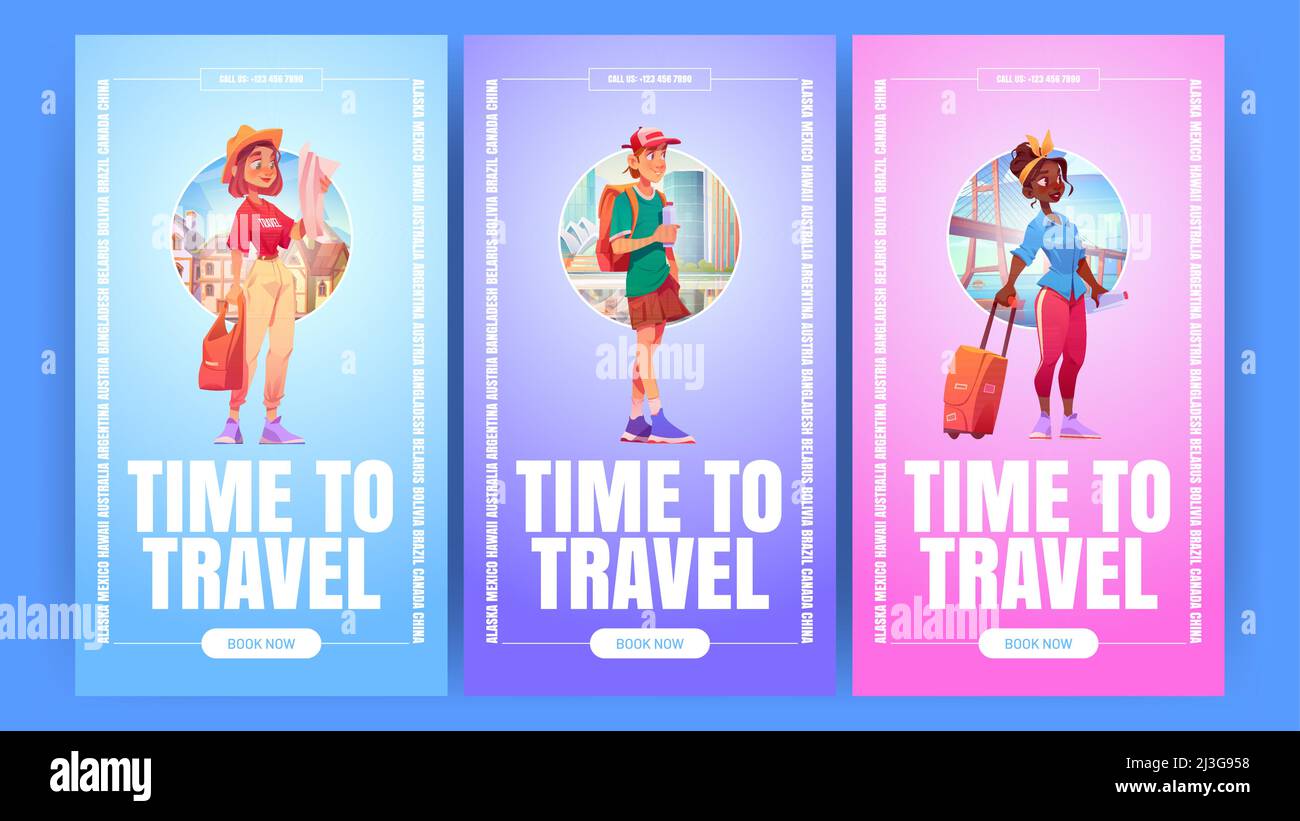 Time to travel banners with tourists with suitcase, backpack and map on ...