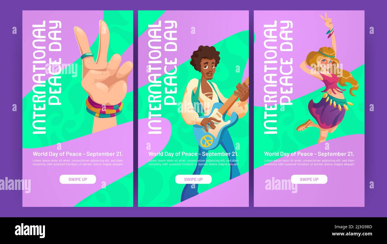 International dance day cartoon web banners with hippie peace gesture ...
