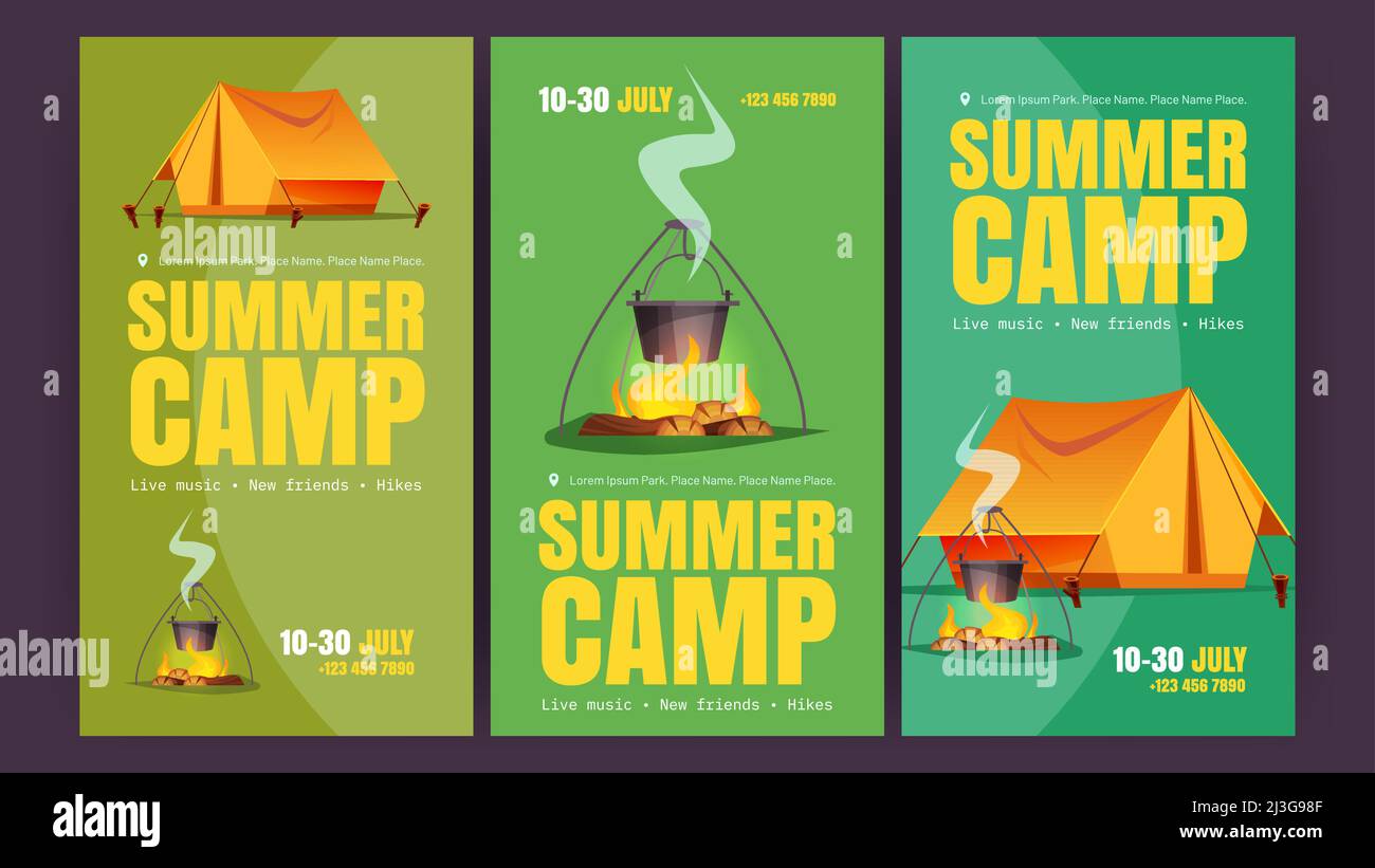 Summer camp cartoon posters with tent, campfire and cauldron with steam ...