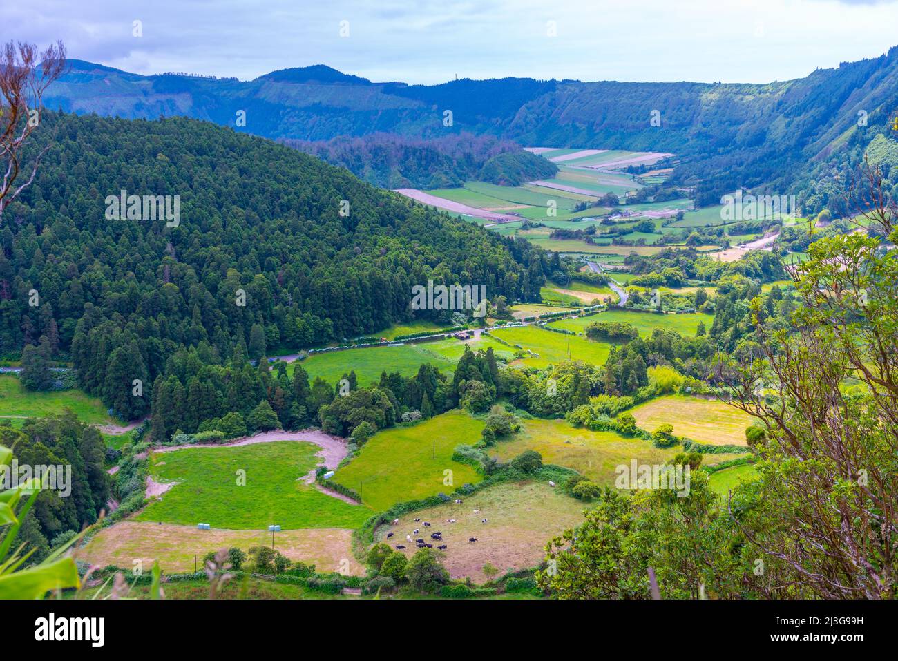 Aerial view of caldera of Sete Cidades at Sao Miguel island of the ...
