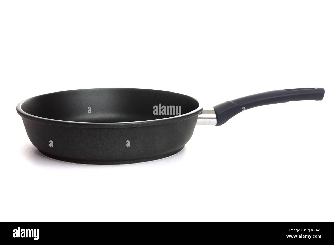black frying pan with black handle and non-stick coating on a white ...