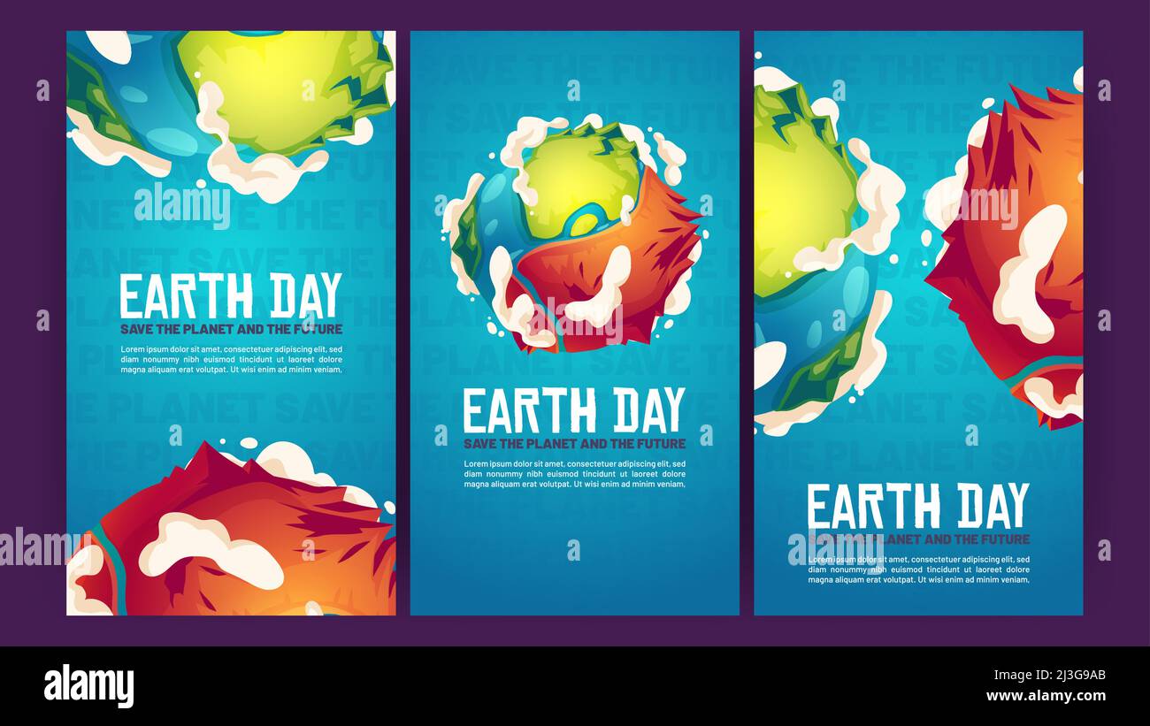 Earth day posters with green planet with dry part. Vector vertical ...