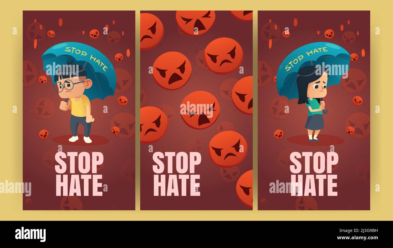 Stop Hate posters with asian kids under umbrellas and falling red angry ...