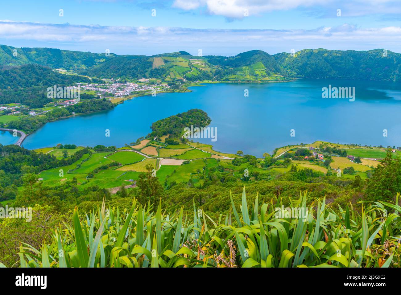 Aerial view of Lagoa Verde and Lagoa Azul at Sao Miguel island ...