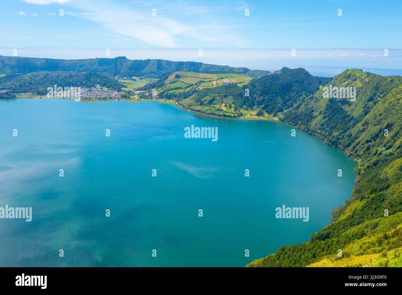 Aerial view of caldera of Sete Cidades at Sao Miguel island of the ...