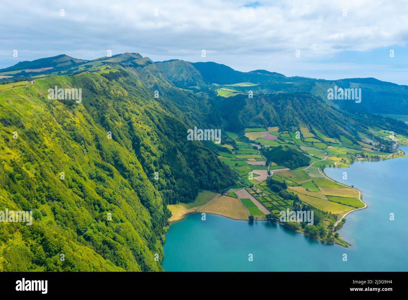Aerial view of caldera of Sete Cidades at Sao Miguel island of the ...