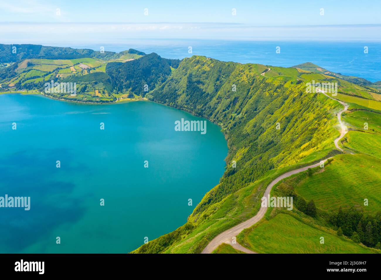 Aerial view of caldera of Sete Cidades at Sao Miguel island of the ...