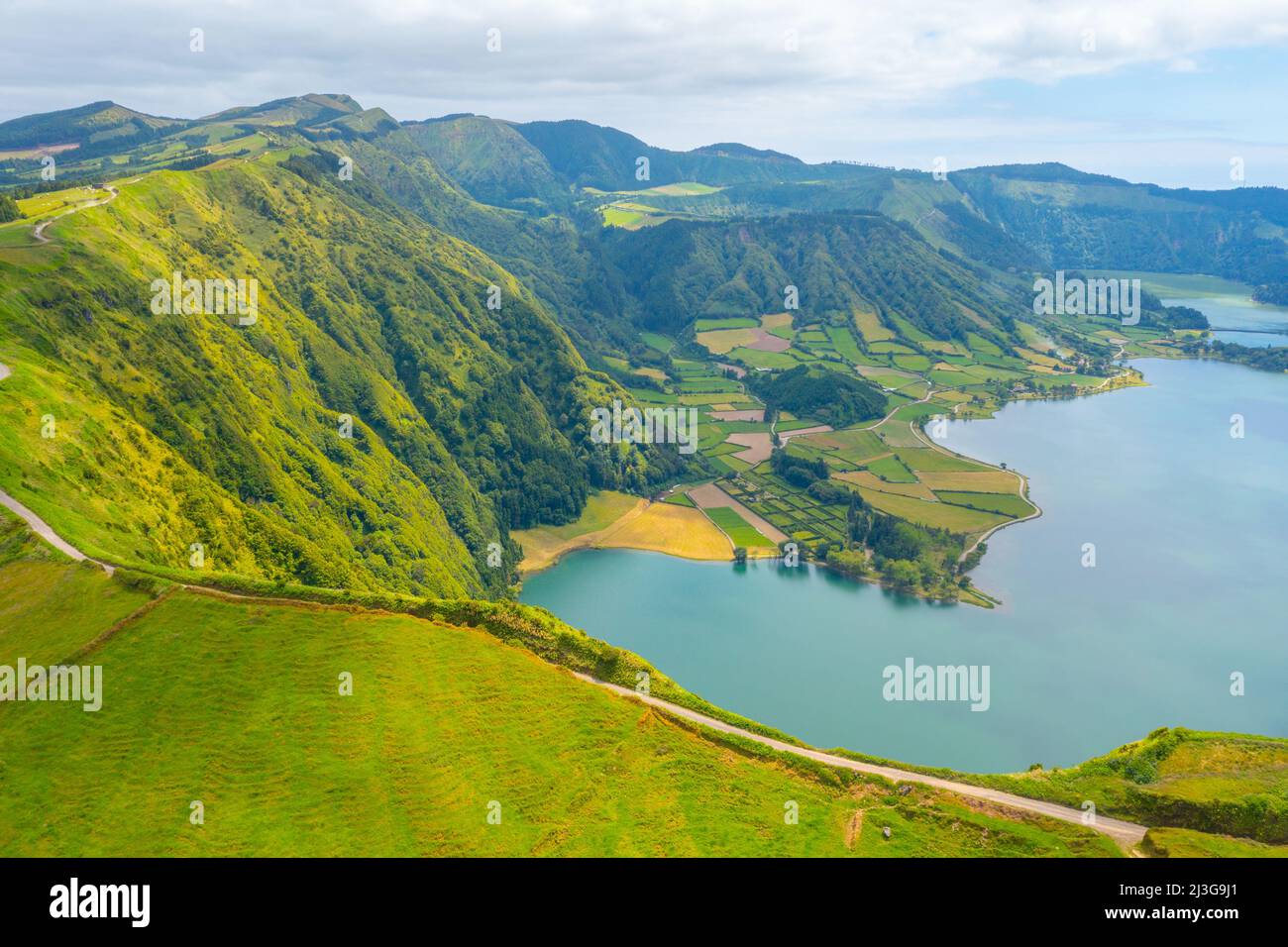 Aerial view of caldera of Sete Cidades at Sao Miguel island of the ...