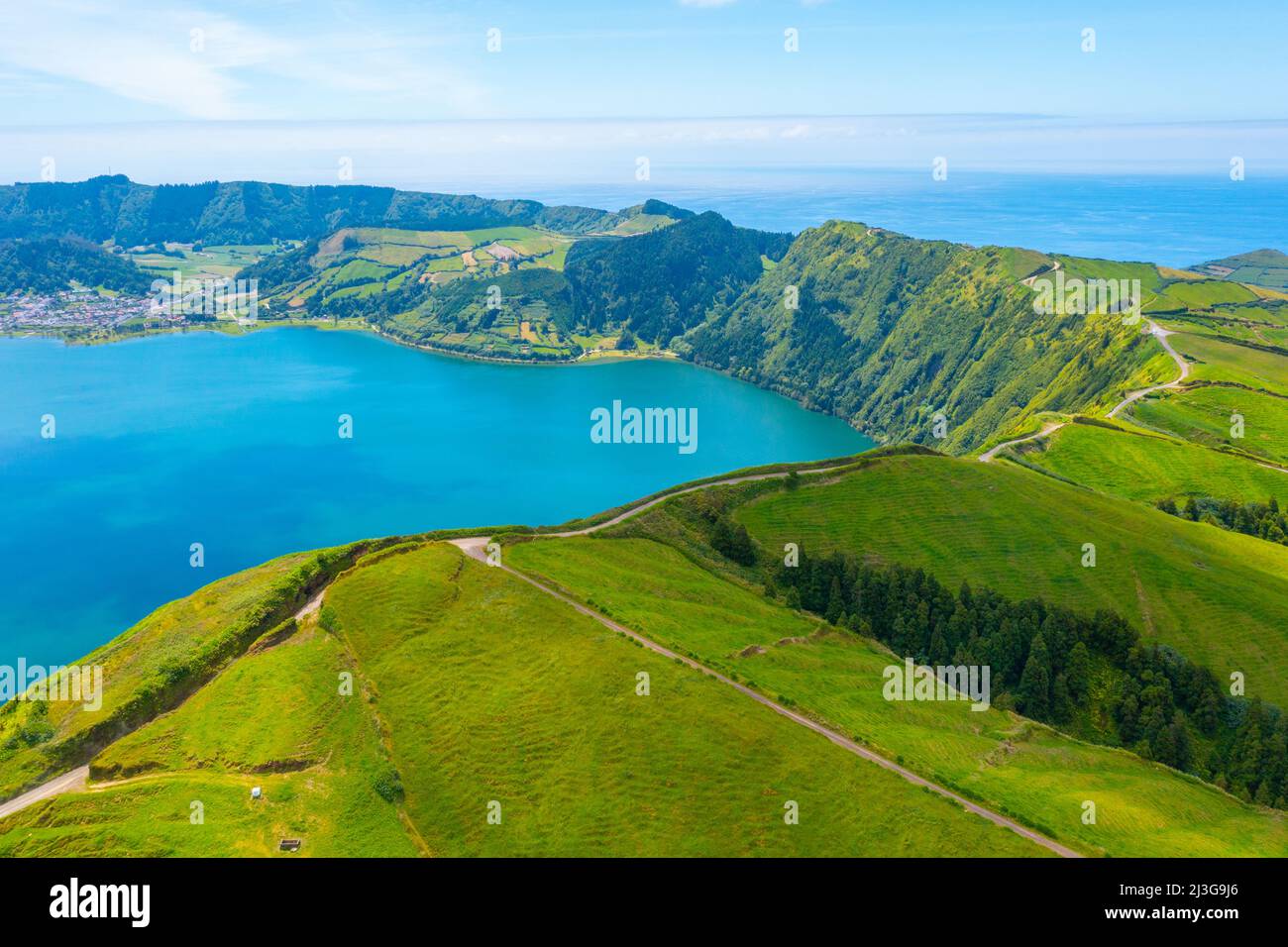 Aerial view of caldera of Sete Cidades at Sao Miguel island of the ...