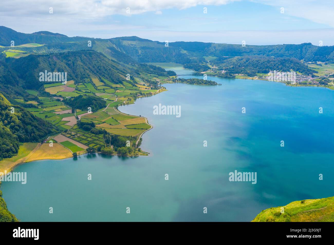Aerial view of caldera of Sete Cidades at Sao Miguel island of the ...