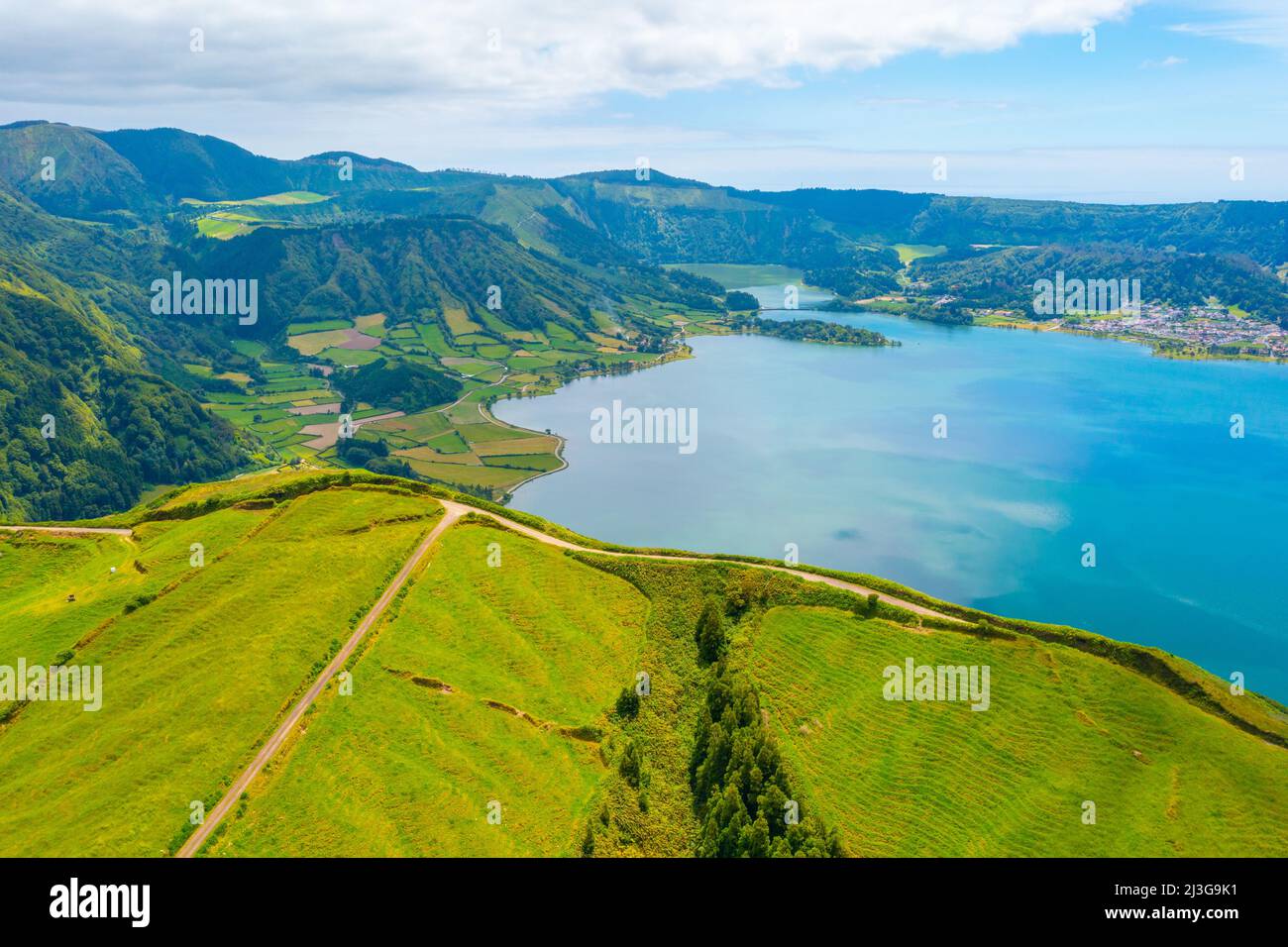 Aerial view of caldera of Sete Cidades at Sao Miguel island of the ...