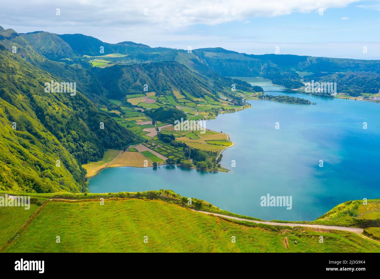 Aerial view of caldera of Sete Cidades at Sao Miguel island of the ...