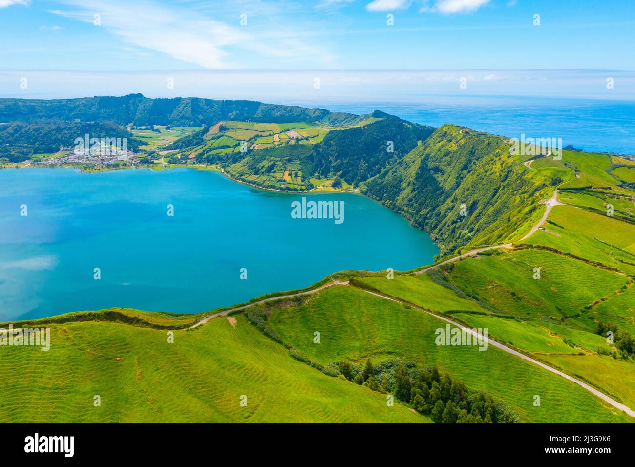 Aerial view of caldera of Sete Cidades at Sao Miguel island of the ...