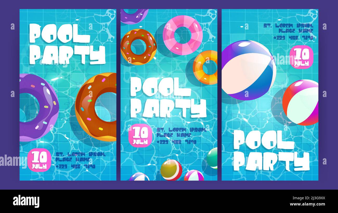 Pool party posters with inflatable rubber rings and balls floating in ...