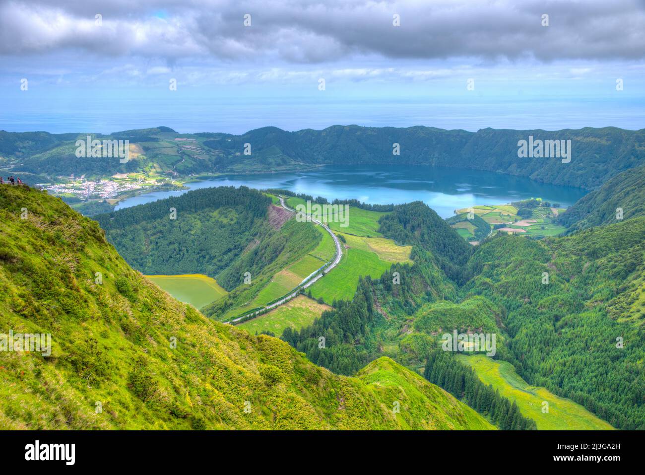 Aerial view of caldera of Sete Cidades at Sao Miguel island of the ...