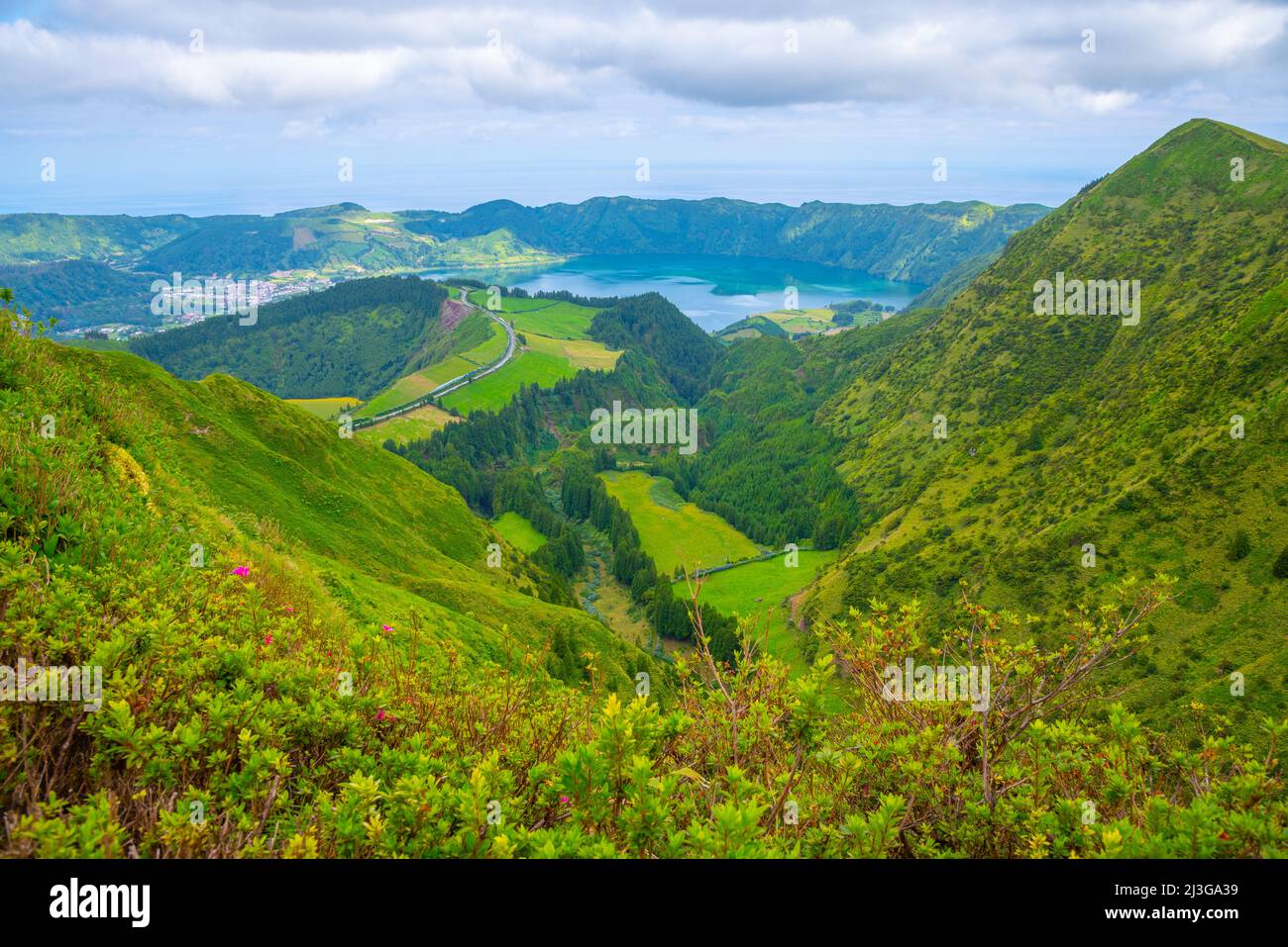 Aerial view of caldera of Sete Cidades at Sao Miguel island of the ...