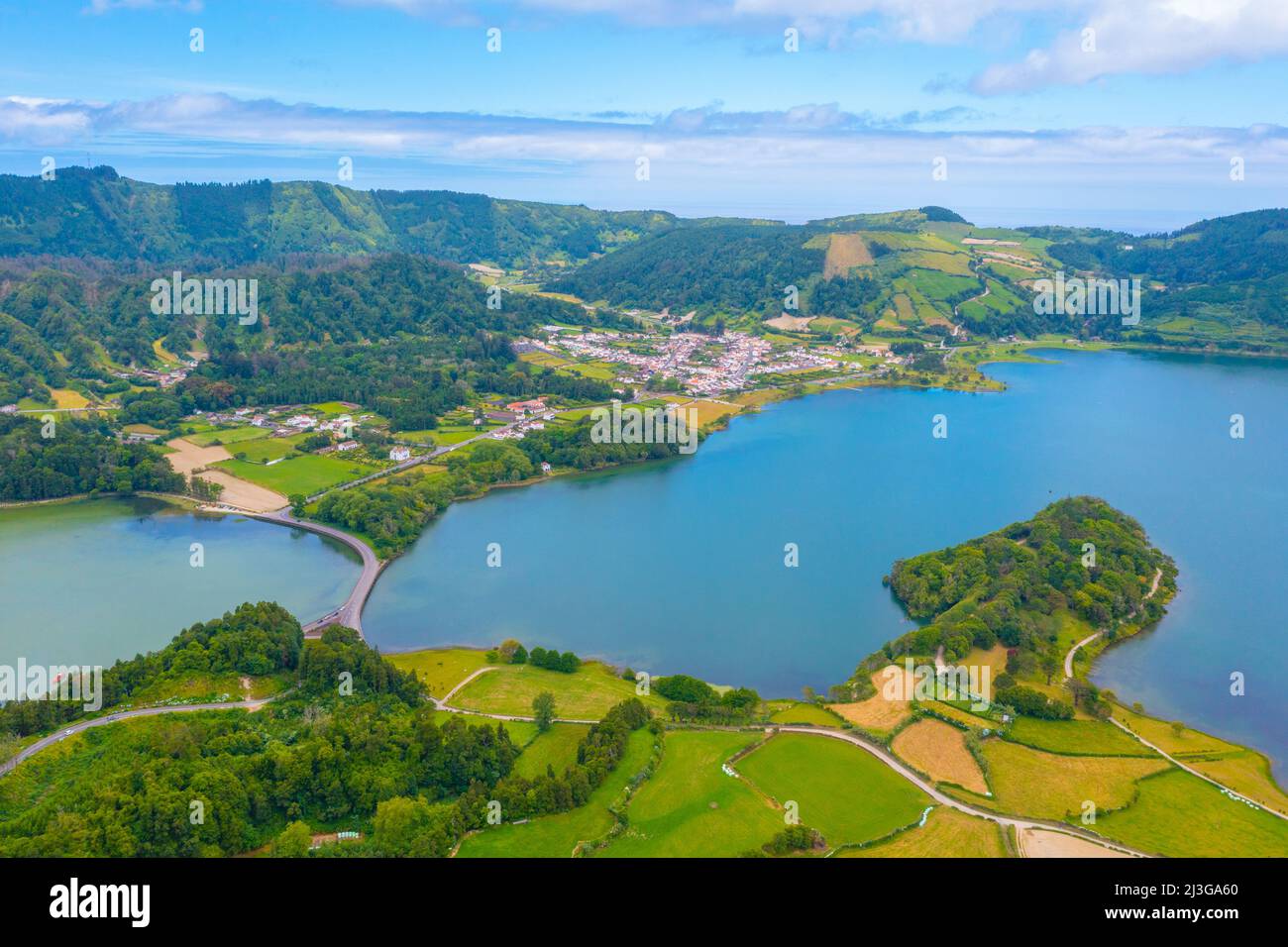 Aerial view of Lagoa Verde and Lagoa Azul at Sao Miguel island ...