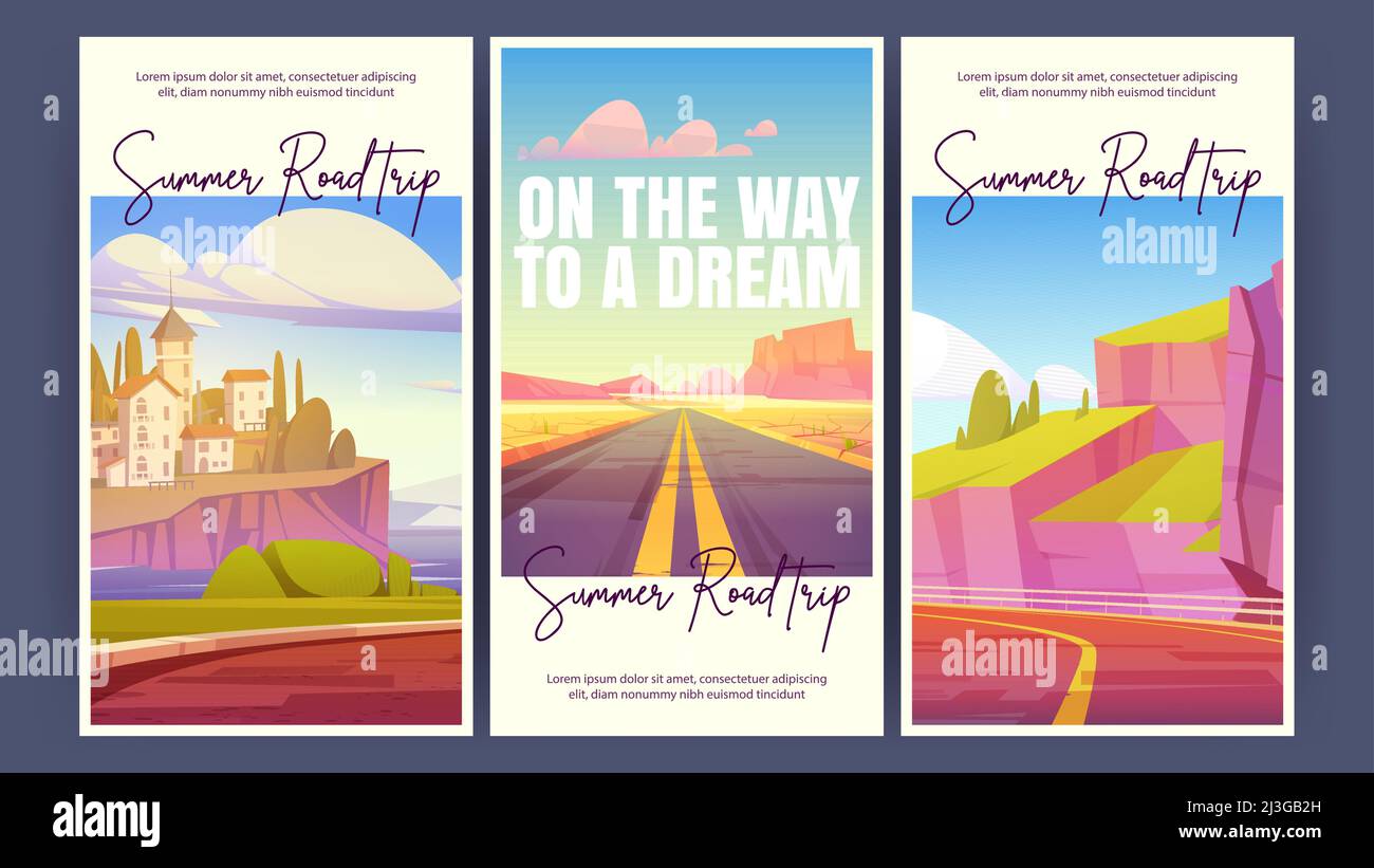 Summer road trip cartoon posters. Highway going into the distance at ...