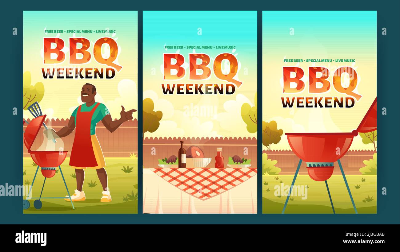 BBQ weekend banners with man cooks meat on grill. Vector posters of ...