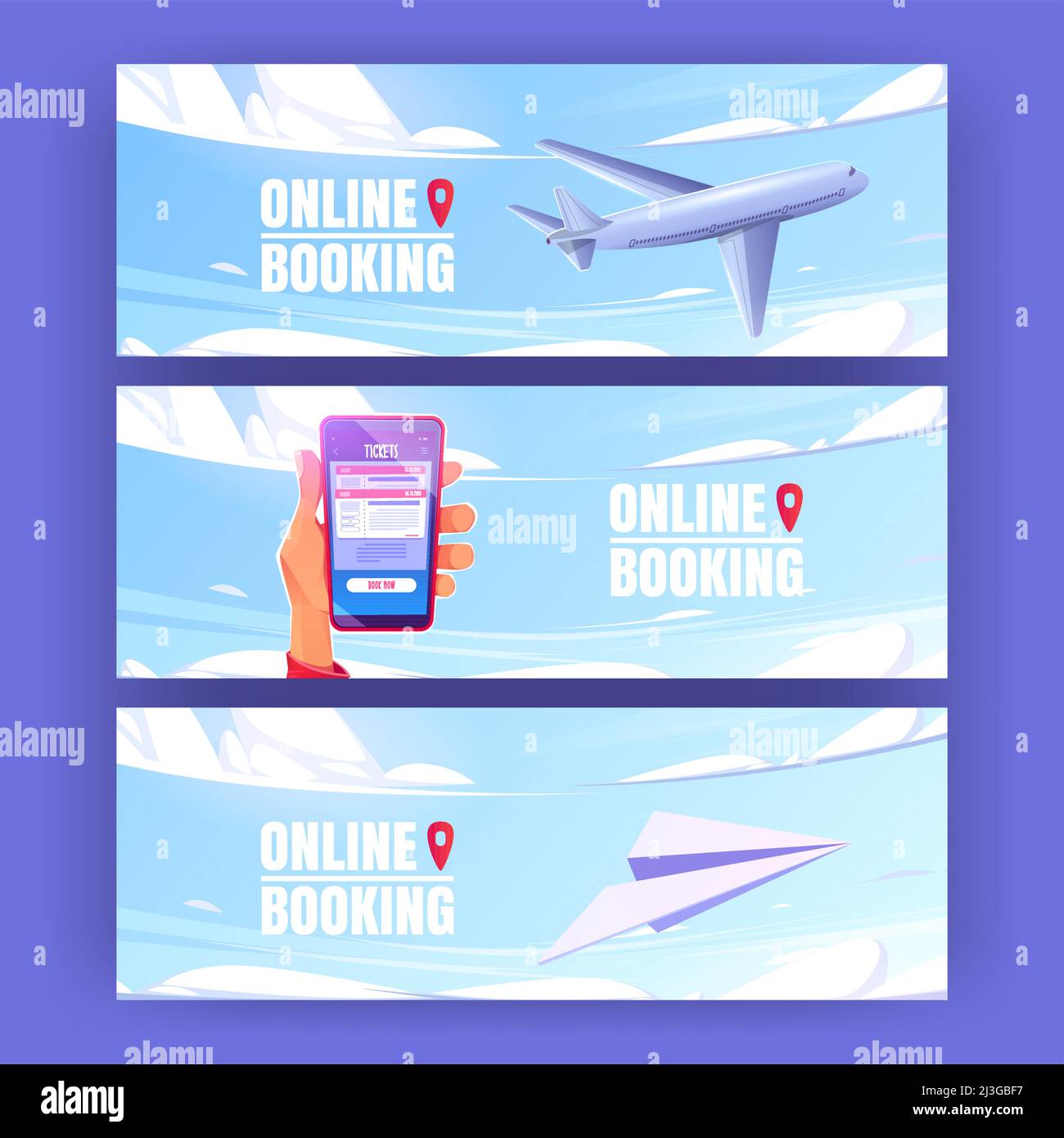 Online booking posters with plane and mobile phone with app for buy ...