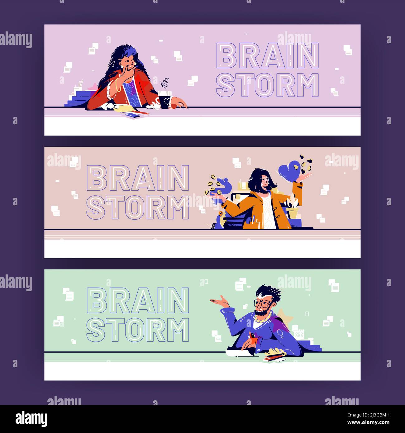 Brain storm cartoon banners with business people think idea. Creative ...