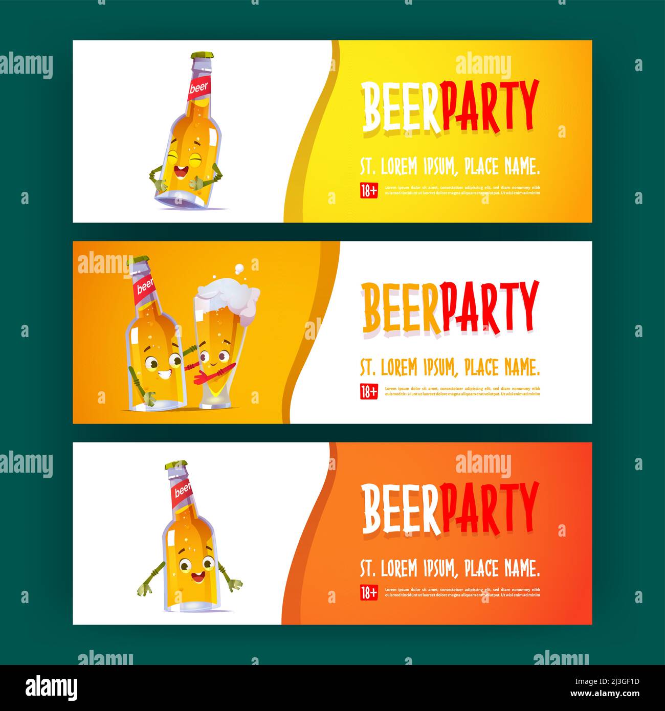 Beer party cartoon invitation banners, funny bottle and glass with ...