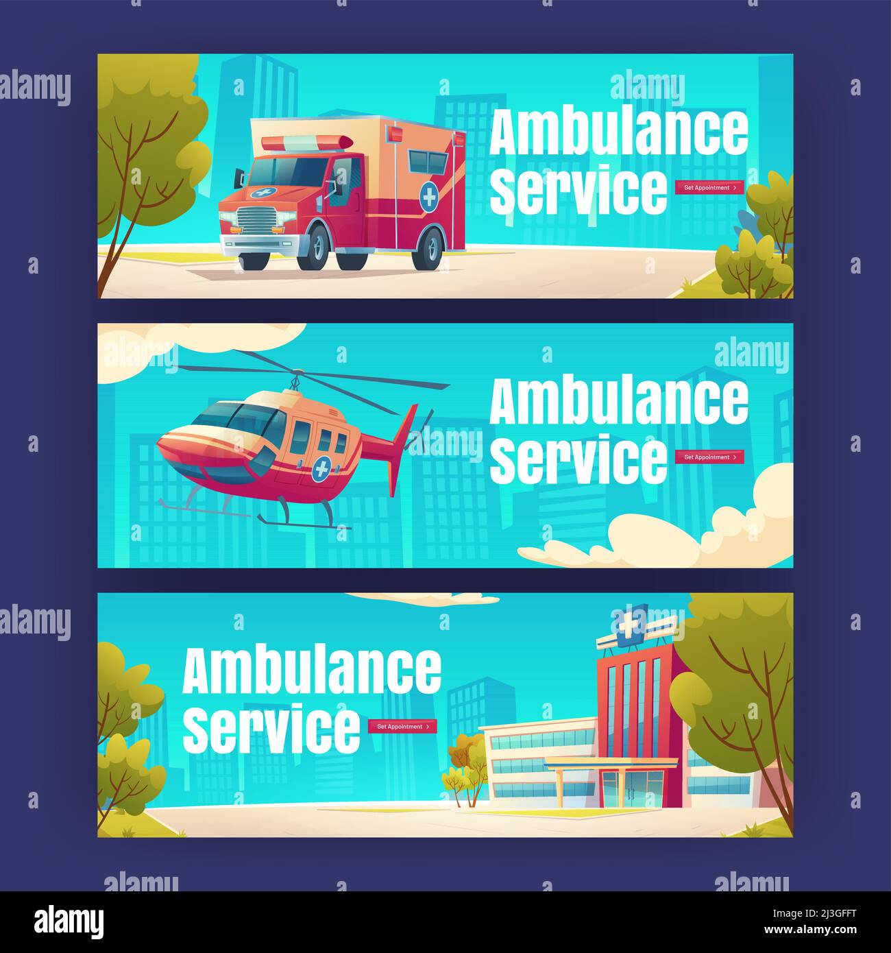 Ambulance service cartoon banners. Medical helicopter and car on urban ...