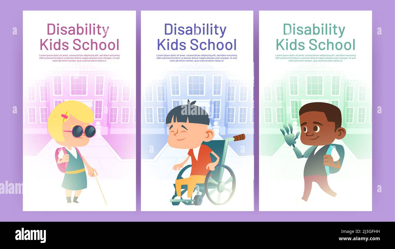 Disability kids school cartoon posters with multiracial handicapped ...