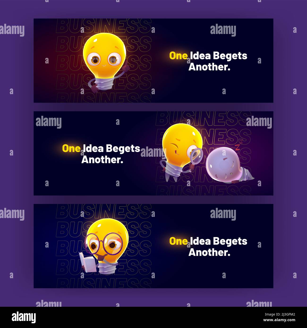 Cartoon banners with funny light bulbs characters glowing, smiling ...