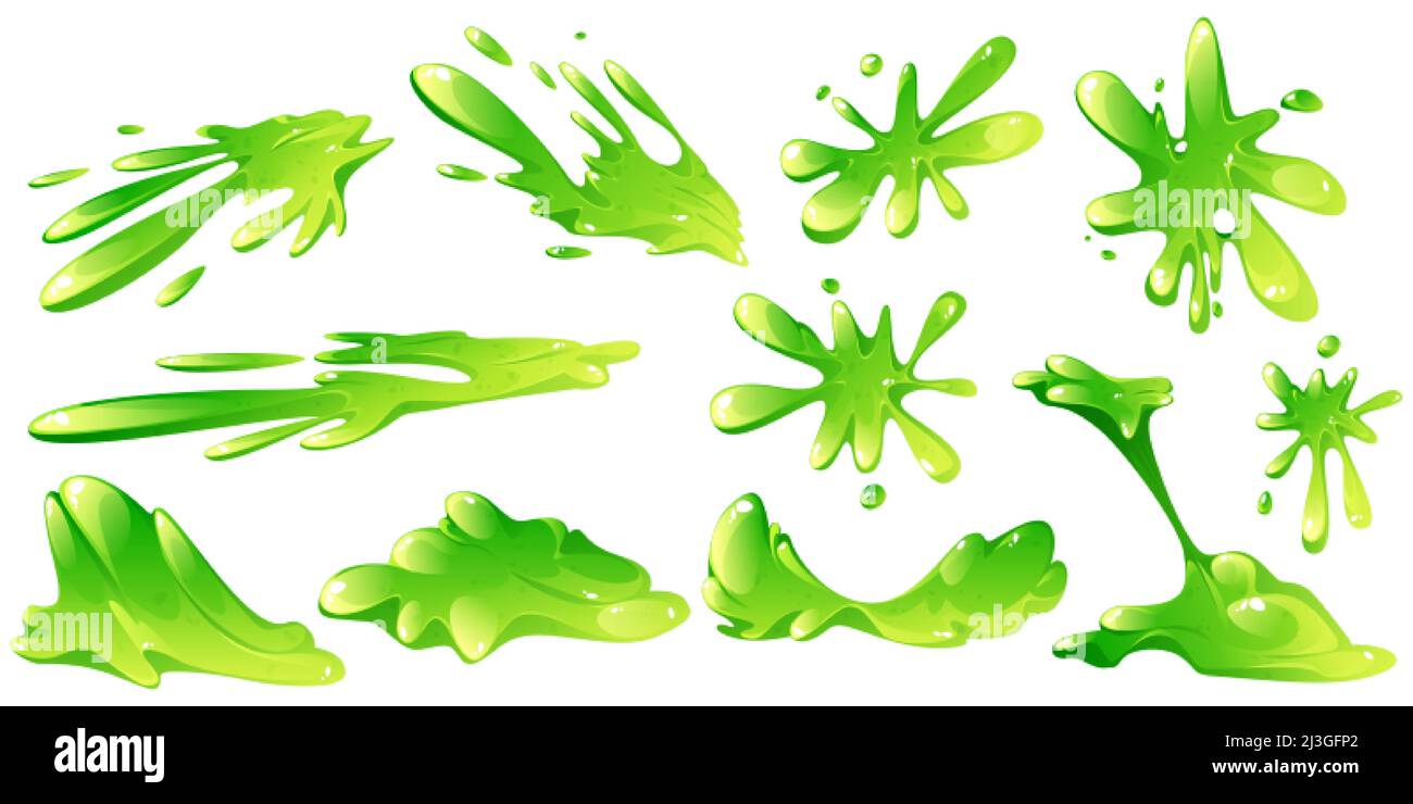 Green slime isolated vector set. Liquid toxic ooze blobs, stains ...